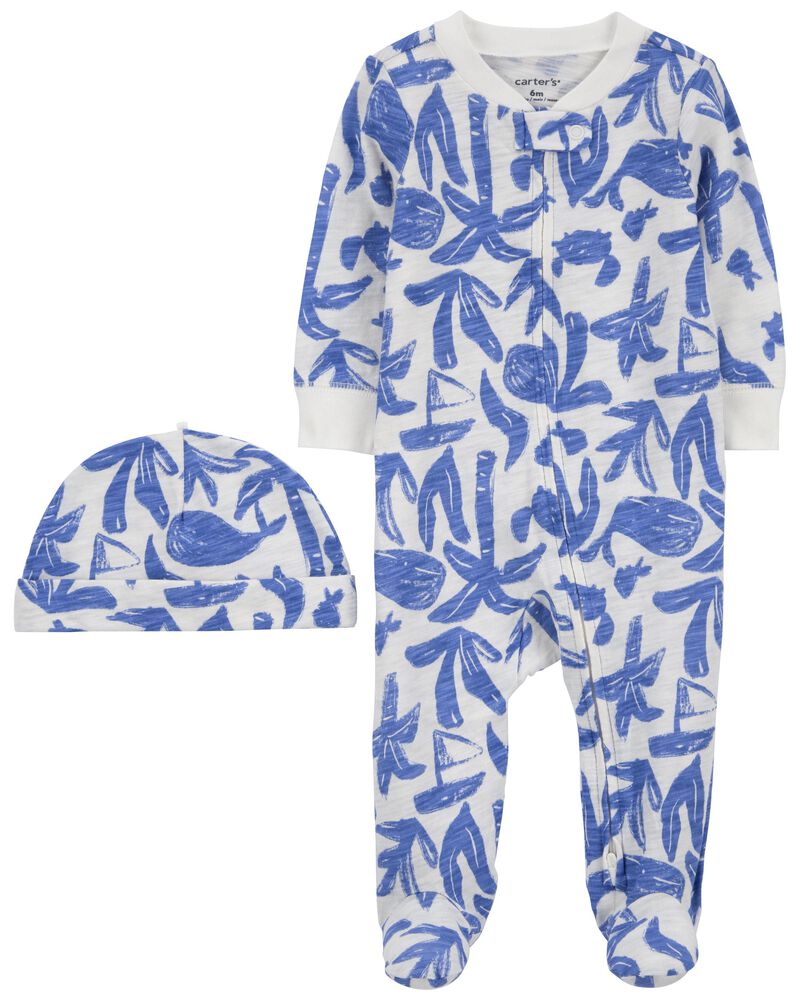White/Blue Baby Whale Cotton Sleeper & Cap Set | Carter’s Oshkosh Canada