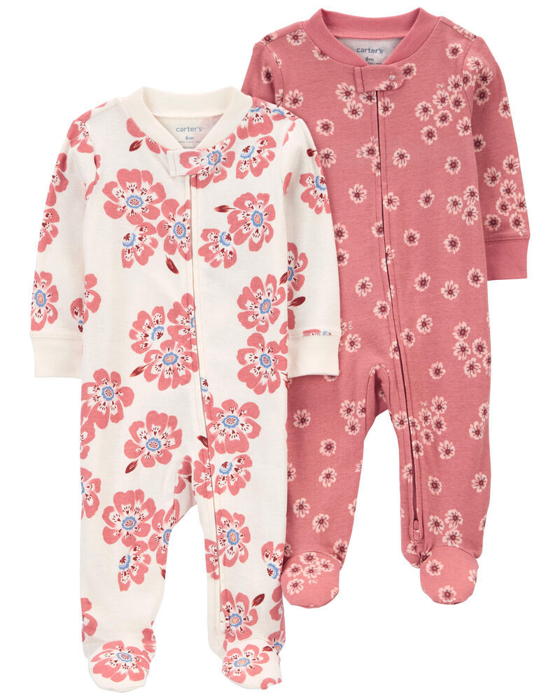 Pink/Ivory Baby 2-Pack Floral 2-Way Zip Cotton Sleepers | Carter’s ...